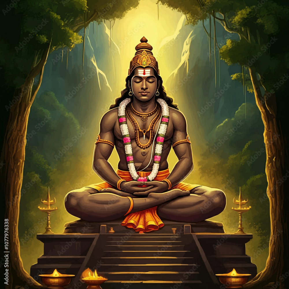 Depiction of Lord Ayyappa in a meditative pose, embodying discipline ...