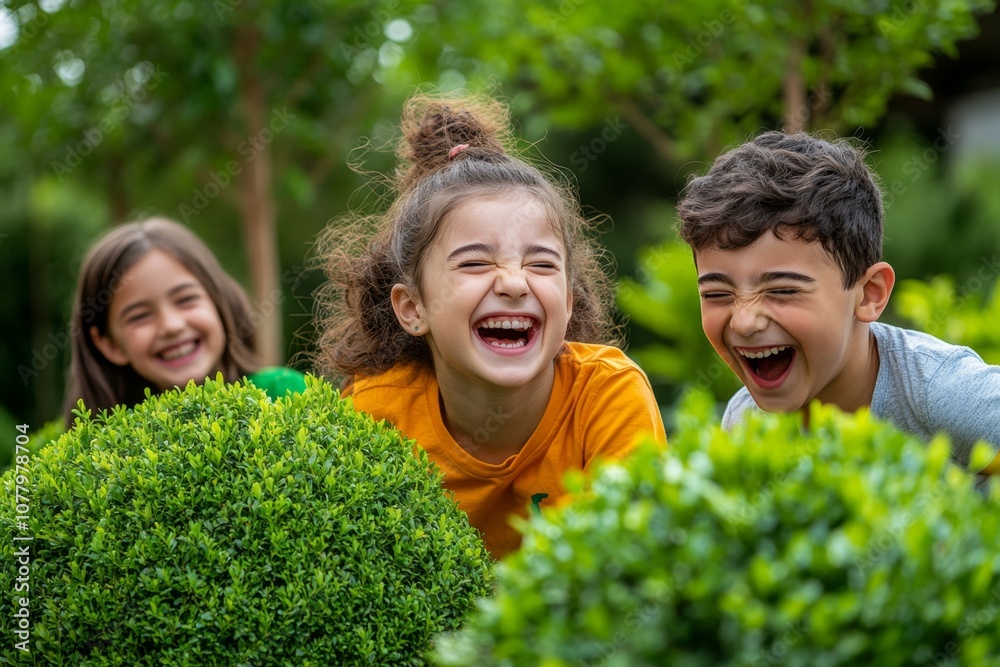Kids playing hide and seek in a garden, hiding behind bushes and ...