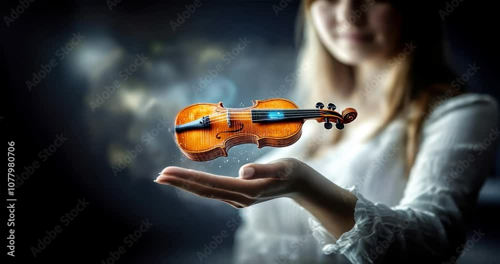 Woman holding a violin with floating digital musical notes and data ...