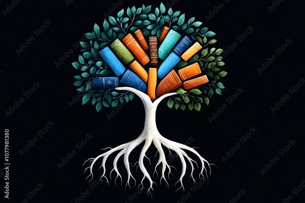 Soft watercolor of a tree with roots shaped like books, symbolizing ...