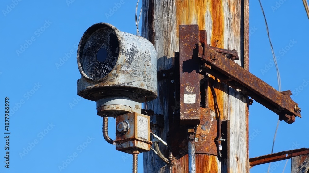Rusty Outdoor Siren Mounted on Weathered Wooden Utility Pole Against a ...
