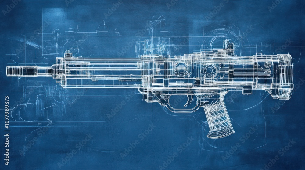 Photorealistic blueprint of a grenade launchers barrel and trigger ...