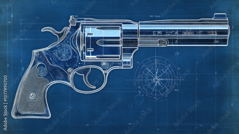 Photorealistic blueprint of a revolvers cylinder, showing the rotating ...