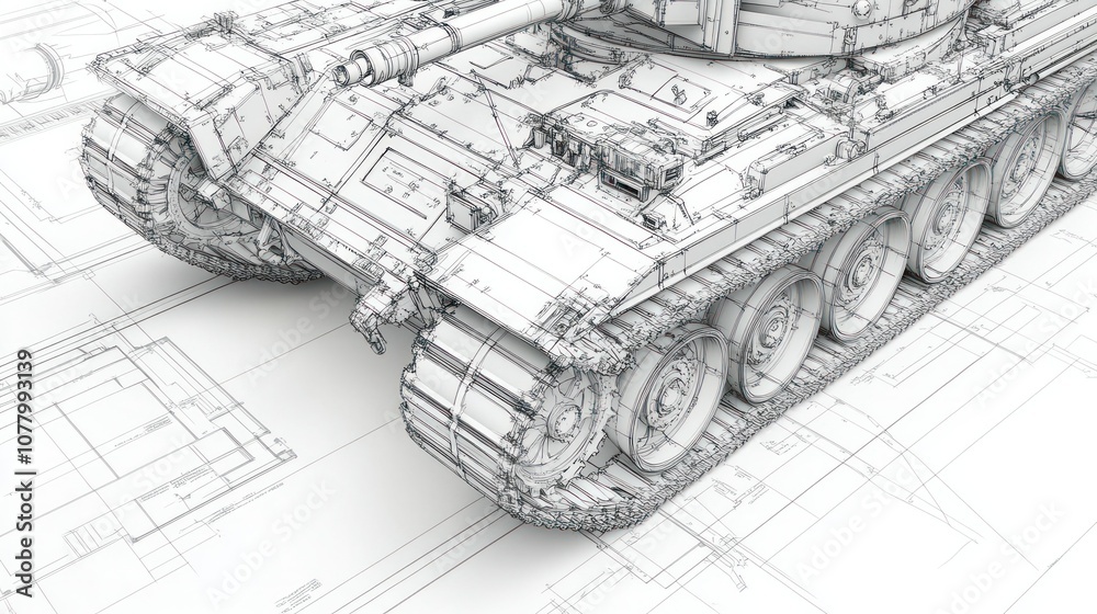 Photorealistic tank blueprint showing detailed suspension, steering ...
