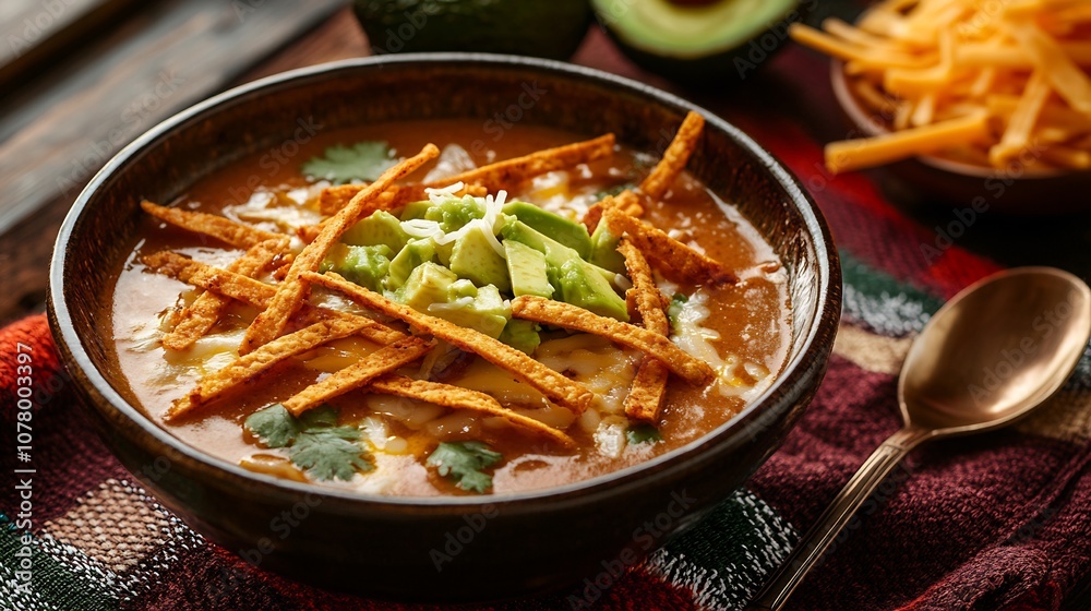 Detailed image of Mexican sopa de tortilla with crispy tortilla strips ...