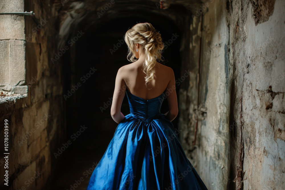 Back view of a debutante young woman with blonde hair wearing a silk ...