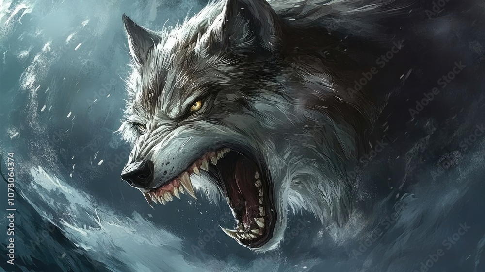 A fierce wolf with sharp teeth bares its fangs in a powerful growl ...
