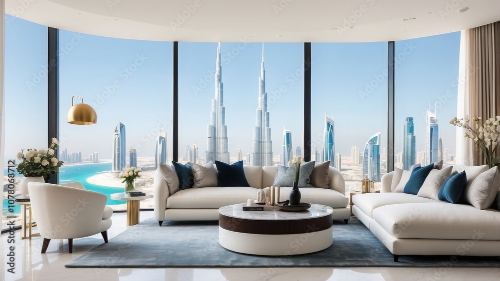 Chic living room in a high-rise apartment, adorned with minimalist ...