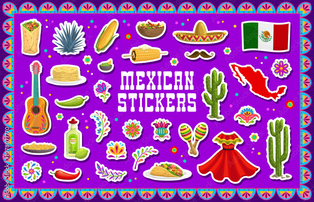 Stickers pack of mexican food and objects. Vector cartoon Mexico map ...