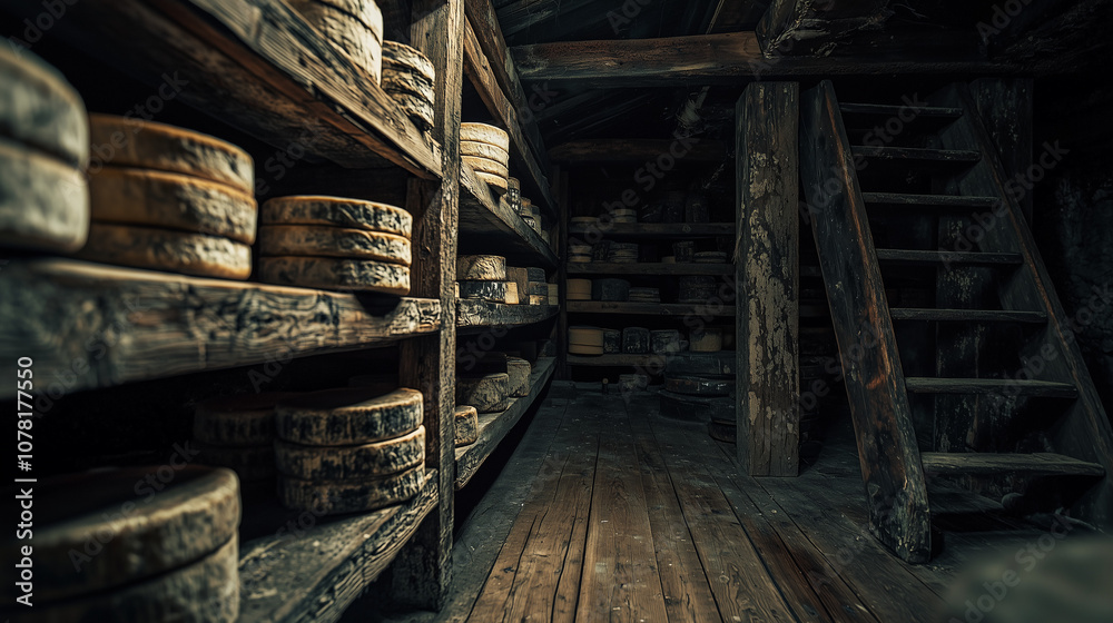 atmospheric view of a rustic cheese cellar with wheels of aging cheese ...