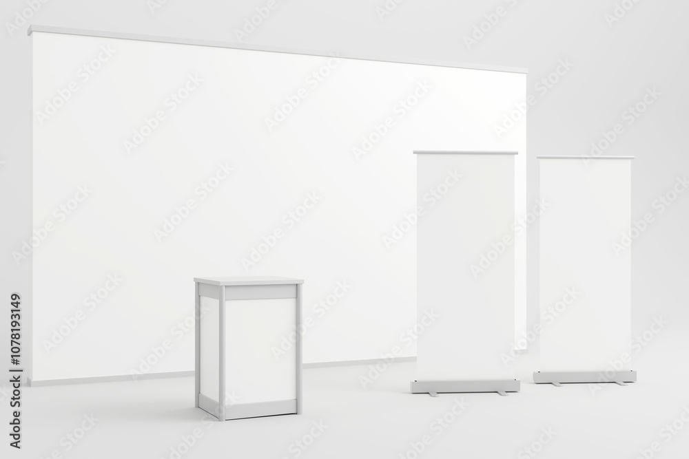 White backdrop with display counter and two blank roll-up banners ...