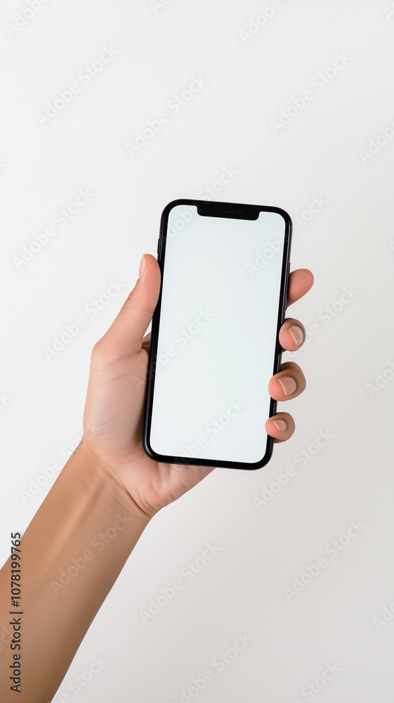 hand holding smartphone vertically against white background, showcasing ...