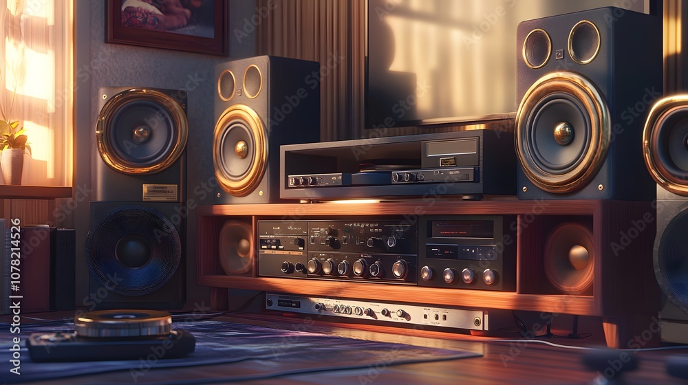 Vintage stereo system with speakers, receiver, and cassette deck in a ...