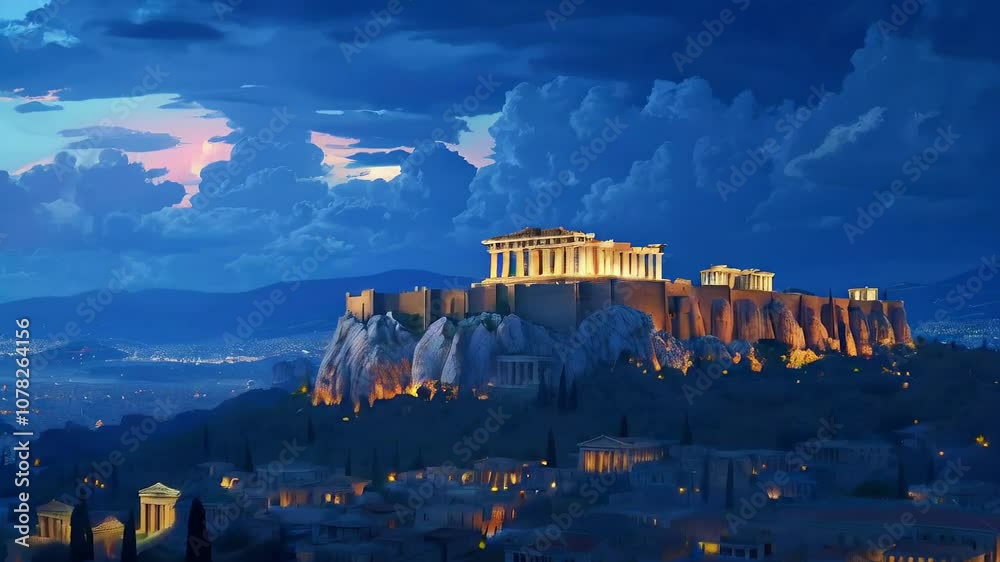 Ancient Greek Acropolis in Twilight: A view from across a hilly ...