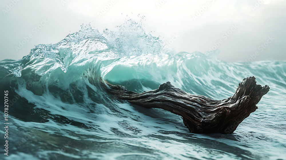 Ocean wave drowning a piece of driftwood, turbulent water, 8k, hyper ...