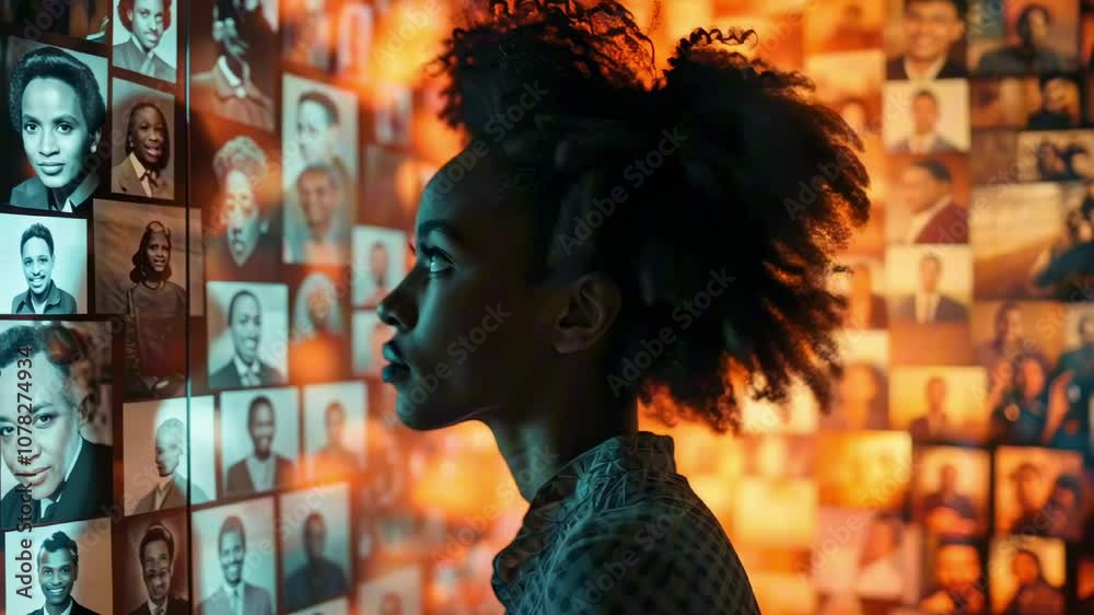 African-American woman standing in front of a wall with old photos of ...