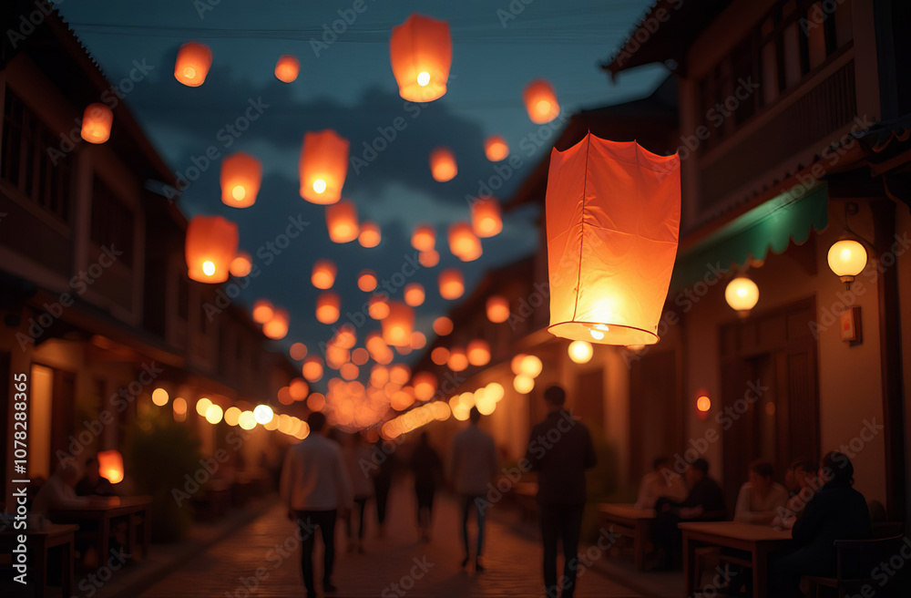 Sky lanterns floating in the night sky. Flying traditional orange paper ...