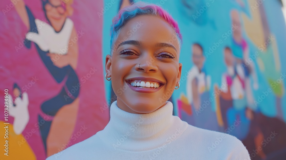 Vibrant portrait of a non-binary politician with light brown skin and ...