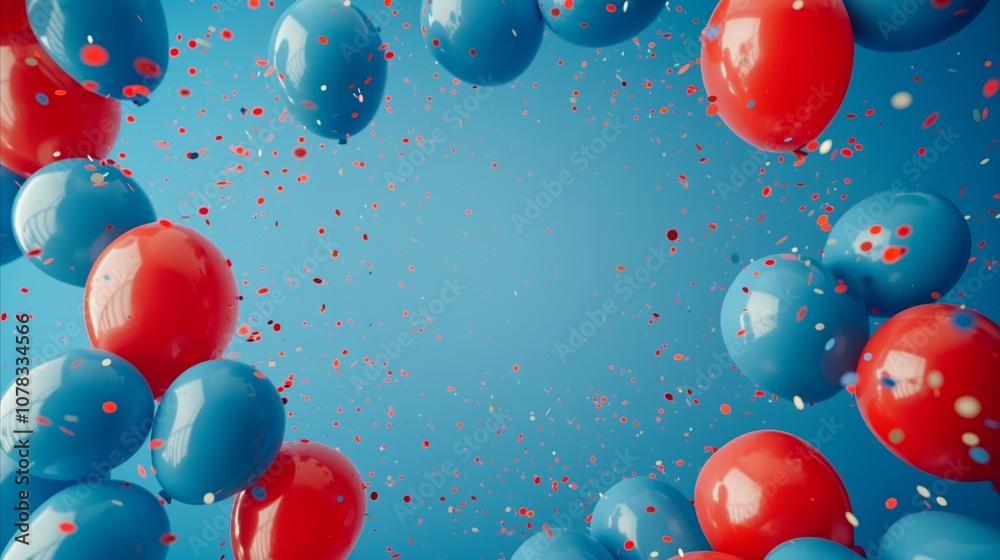 Floating red and blue balloons with scattered confetti on a light blue ...