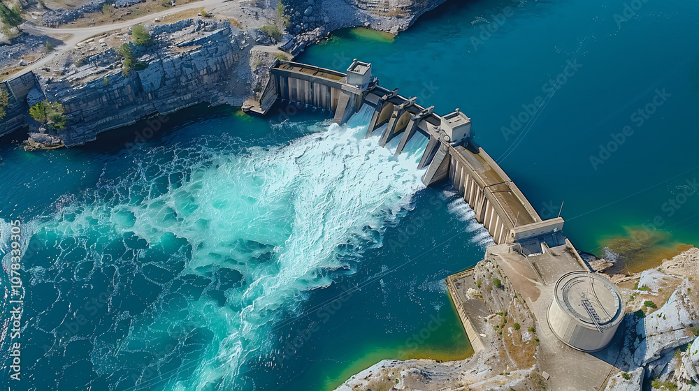 Aerial view of a dam releasing water into a blue-green reservoir ...