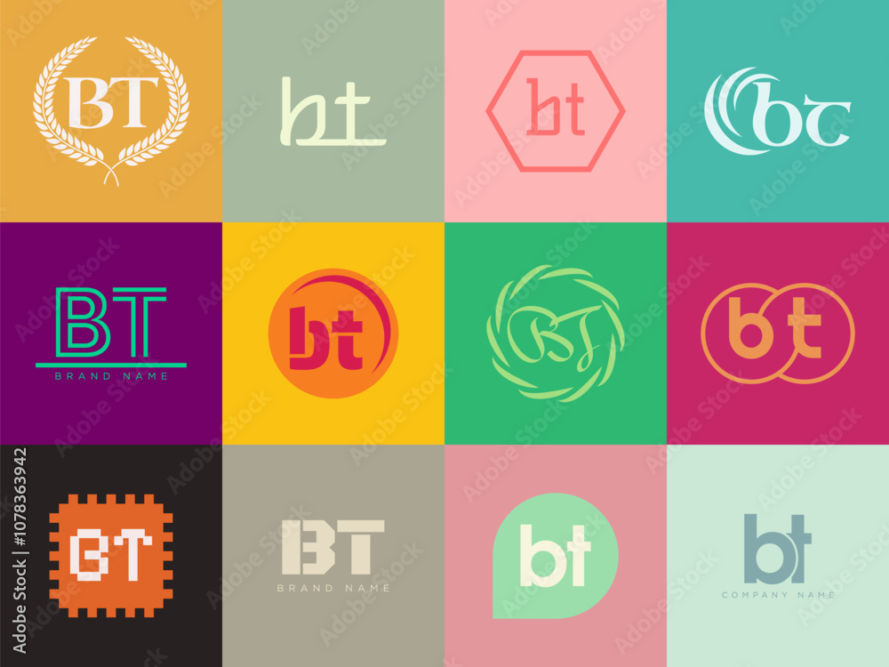 BT logo company template. Letter b and t logotype. Set different classic serif lettering and ...