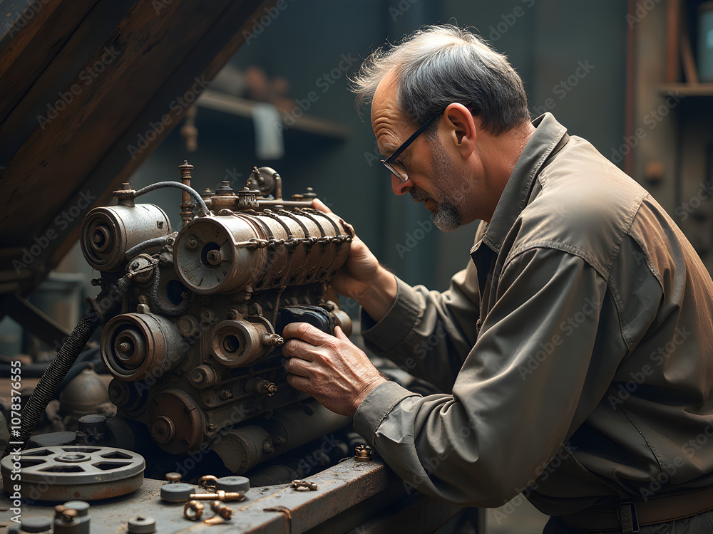 Vintage Engine Restoration: Skilled Mechanic Working on Rusted Engine ...