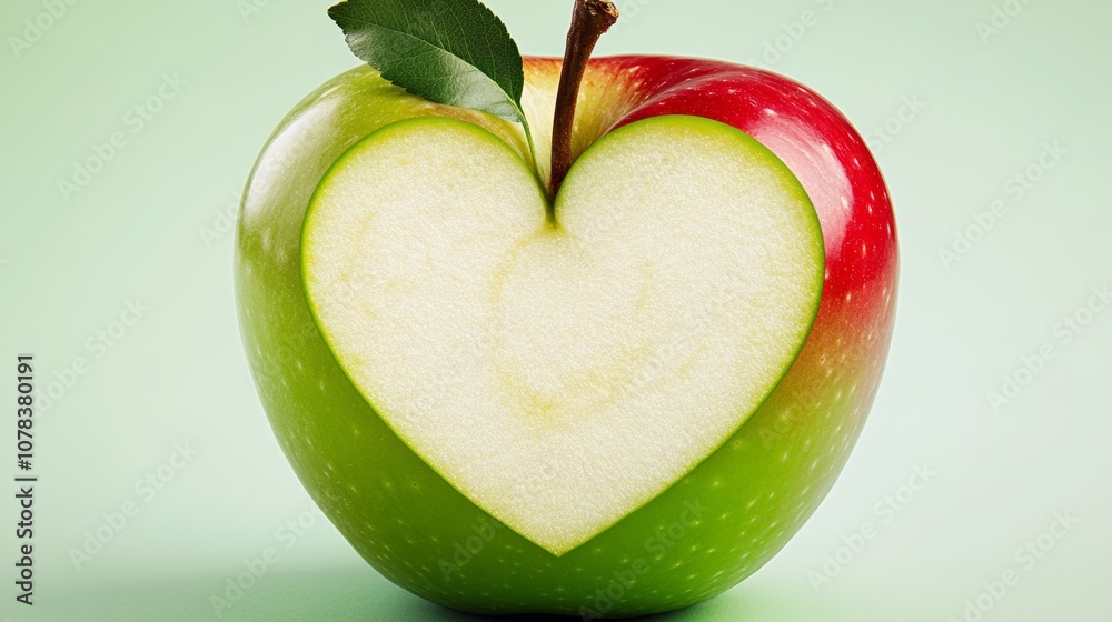 Green apple with a red stem and a heart cut out of it. The heart is ...