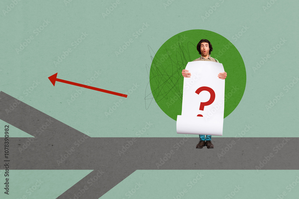 Composite photo collage of shocked man hold paper poster question mark ...