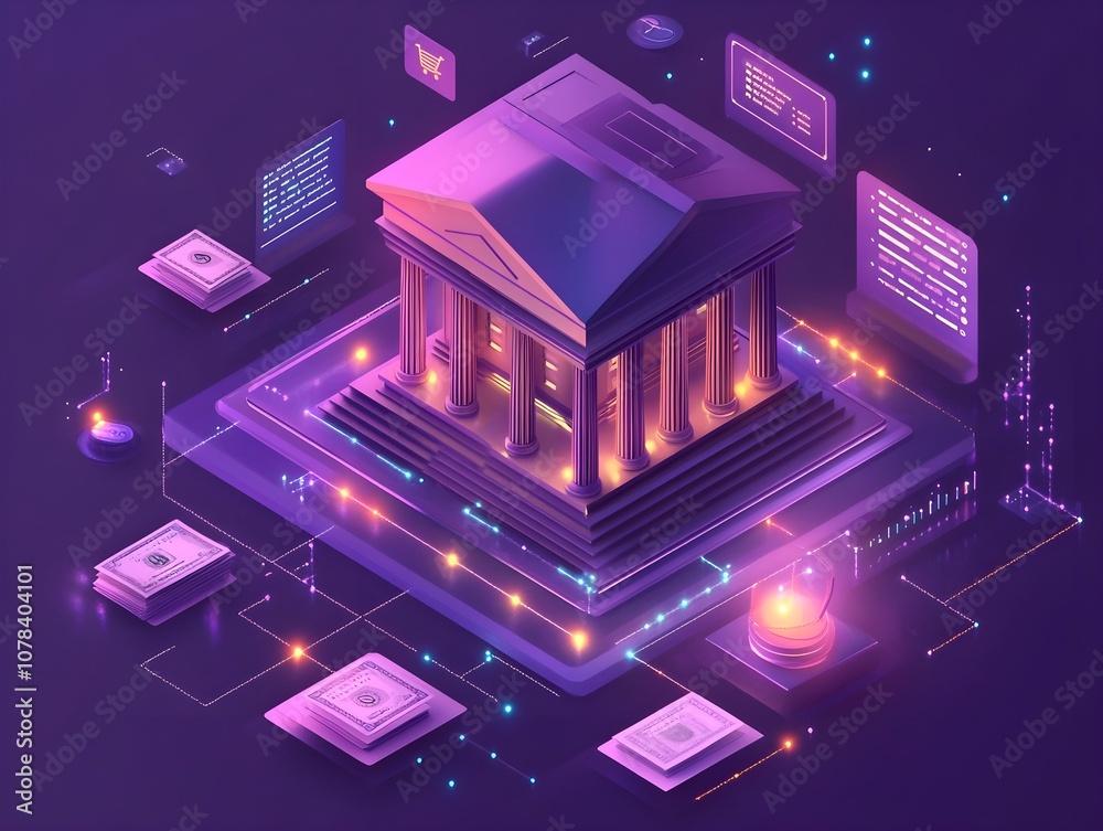 Digital bank with pillar of tablet surrounded by money icons, shopping ...