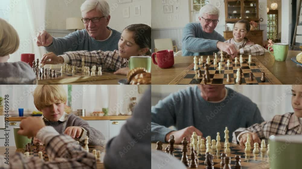 Split screen of intelligent Caucasian old man teaching his two young ...