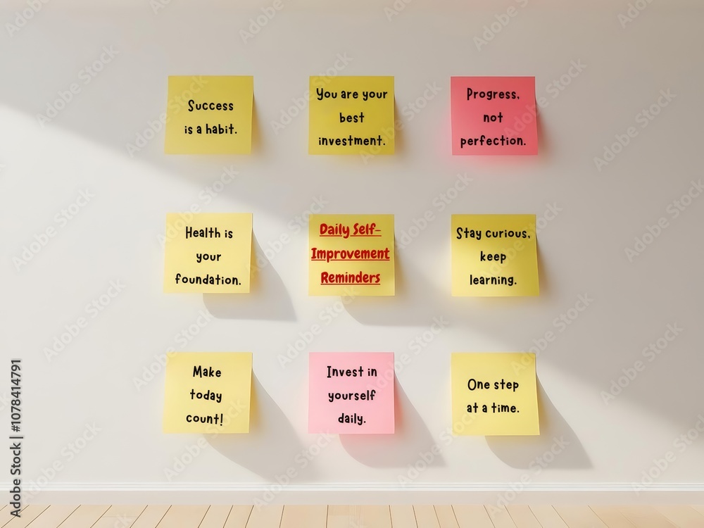 Self-Improvement Planning Essentials. A wall displays colorful sticky ...