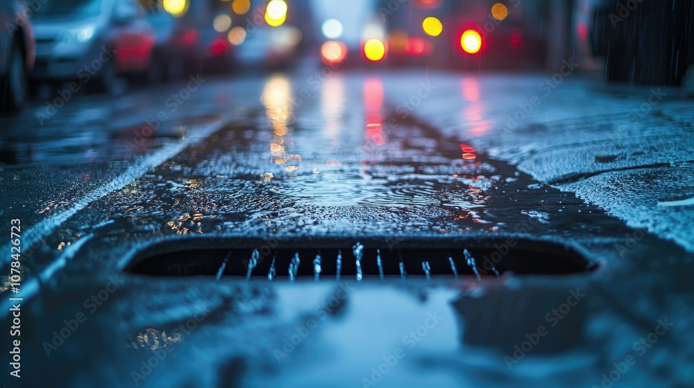 Street view during rainfall, with water streaming into a gutter drain ...