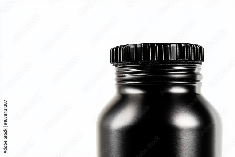 Detailed view of a black matte stainless steel water bottle on a white ...