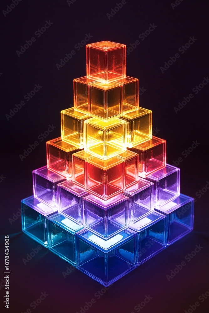 A glowing building block pyramid with each block a different color ...