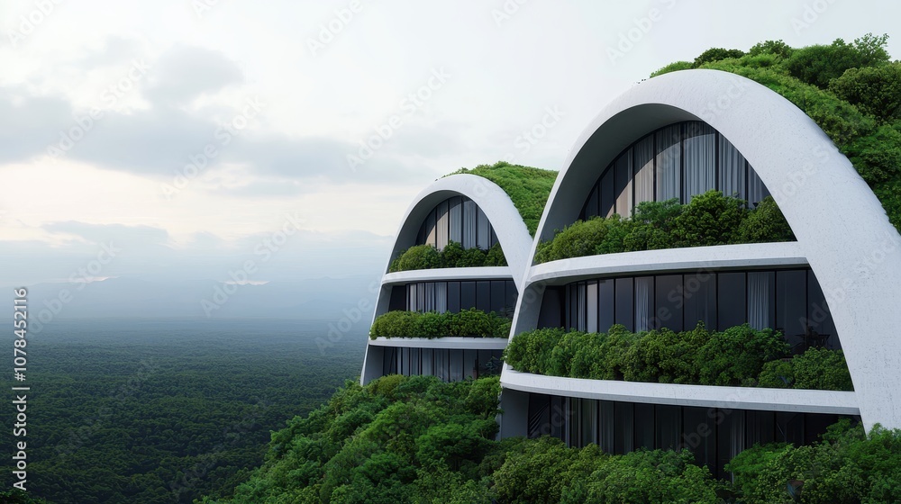Modern eco-friendly building design with lush greenery, blending ...