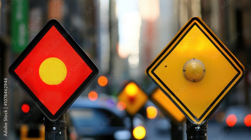 Red and Yellow Traffic Signs Displaying Caution with Blurred City ...
