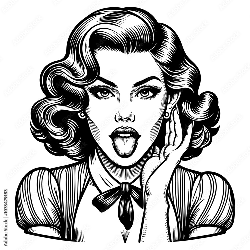 pin-up girl with wavy hair, sticking out her tongue in a playful, seductive pose sketch ...