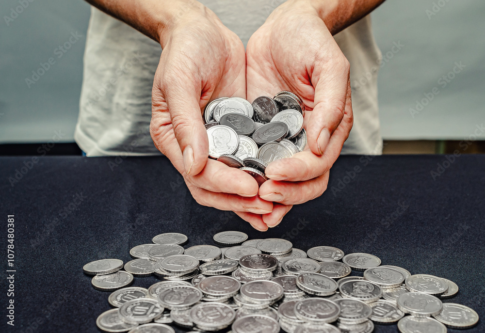 Silver coins in female hands on blurred backdrop. Importance of ...