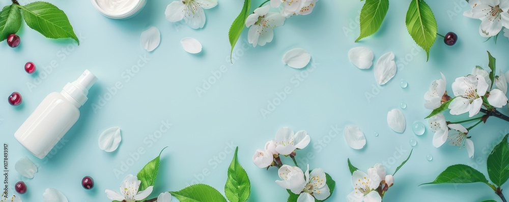 Beauty Background with Facial Cosmetic Products, Leaves, and Cherry ...