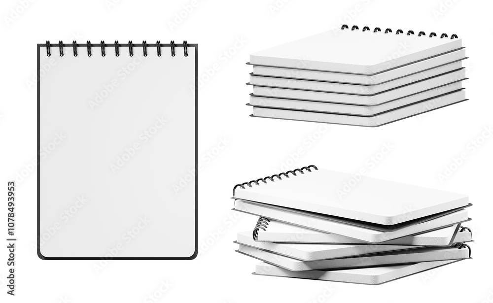 3d notebook, stack notepad mockup with spiral binder, white paper pages ...