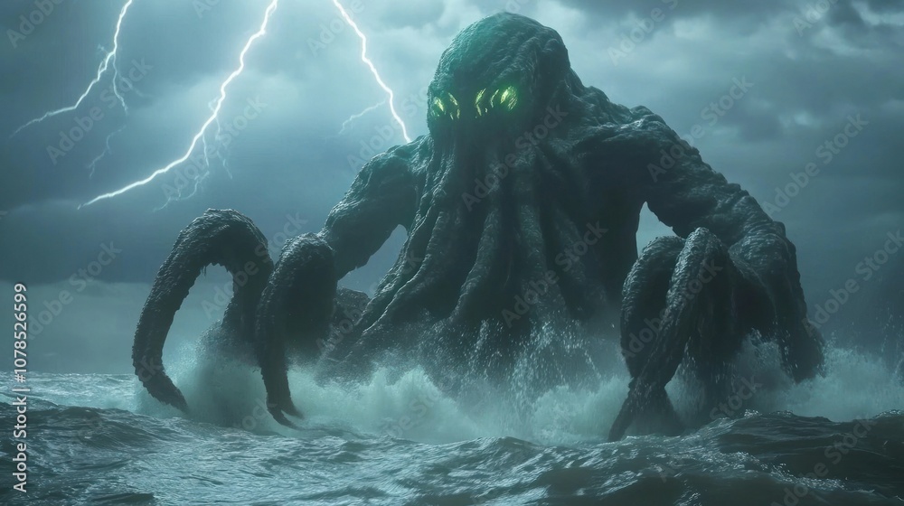 Scary Cthulhu monster that appears in the sea with storms and lightning ...