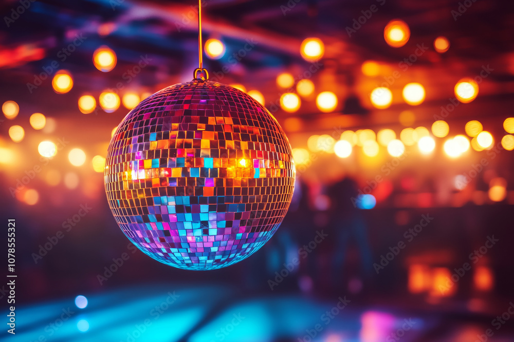 Disco ball hanging from the ceiling, casting rainbow reflections across ...