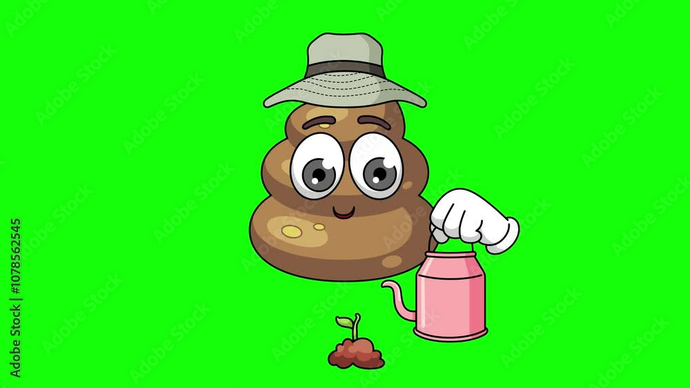 poop cartoon is watering a plant, wearing a sun hat Stock Video | Adobe ...