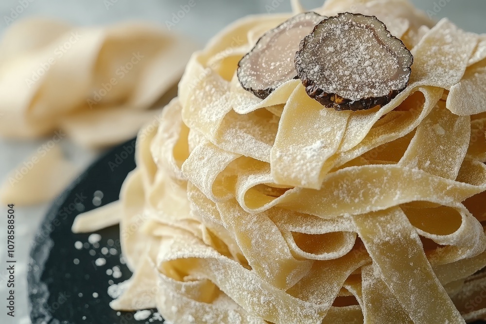 Fettuccine pasta topped with shaved black truffles and parmesan plated ...
