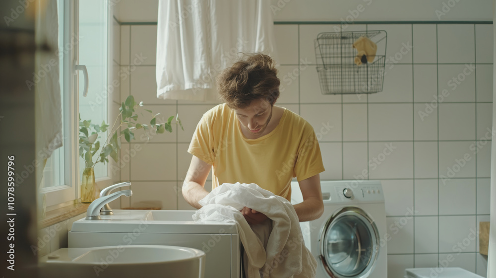 Preparing to wash dirty clothes. Happy housewife in laundry room with ...