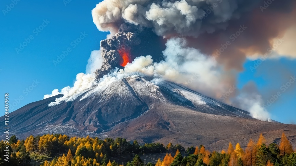Lava flowing from a volcano after an eruption. View of a crater opening ...