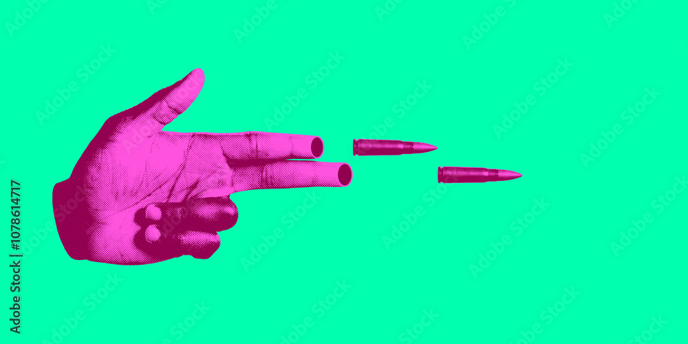 Pink hand with two open fingers that resemble gun barrels, with bullets ...
