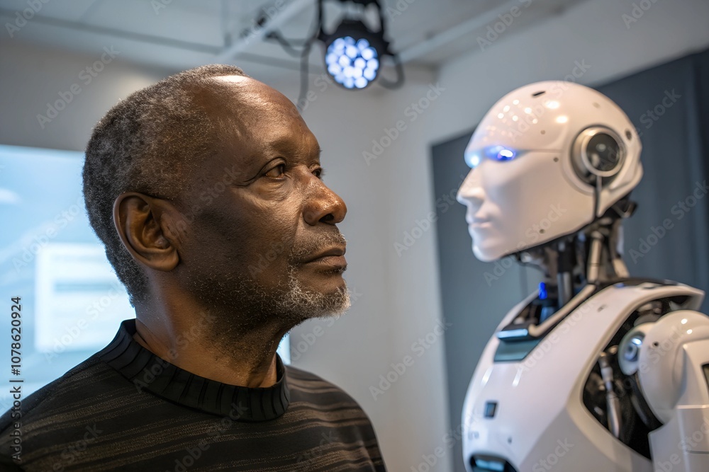Robot scanning a mature Afro face using AI for skin analysis, creating ...