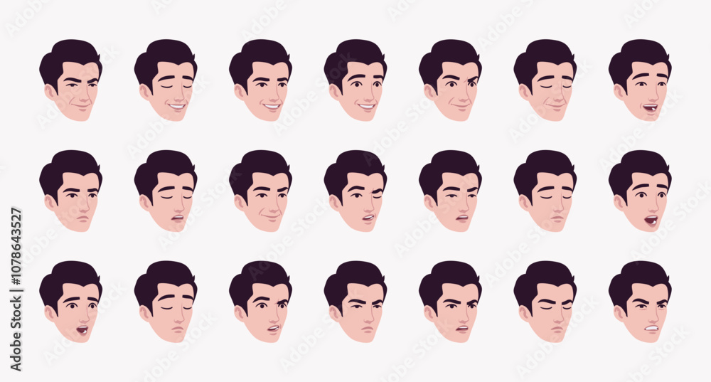 Handsome brunette guy, young businessman, avatar emotions, confident ...