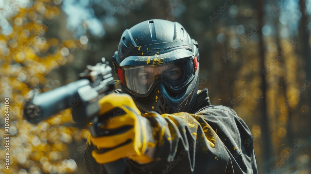 Individual using a paintball gun to hit a target in a forested area ...